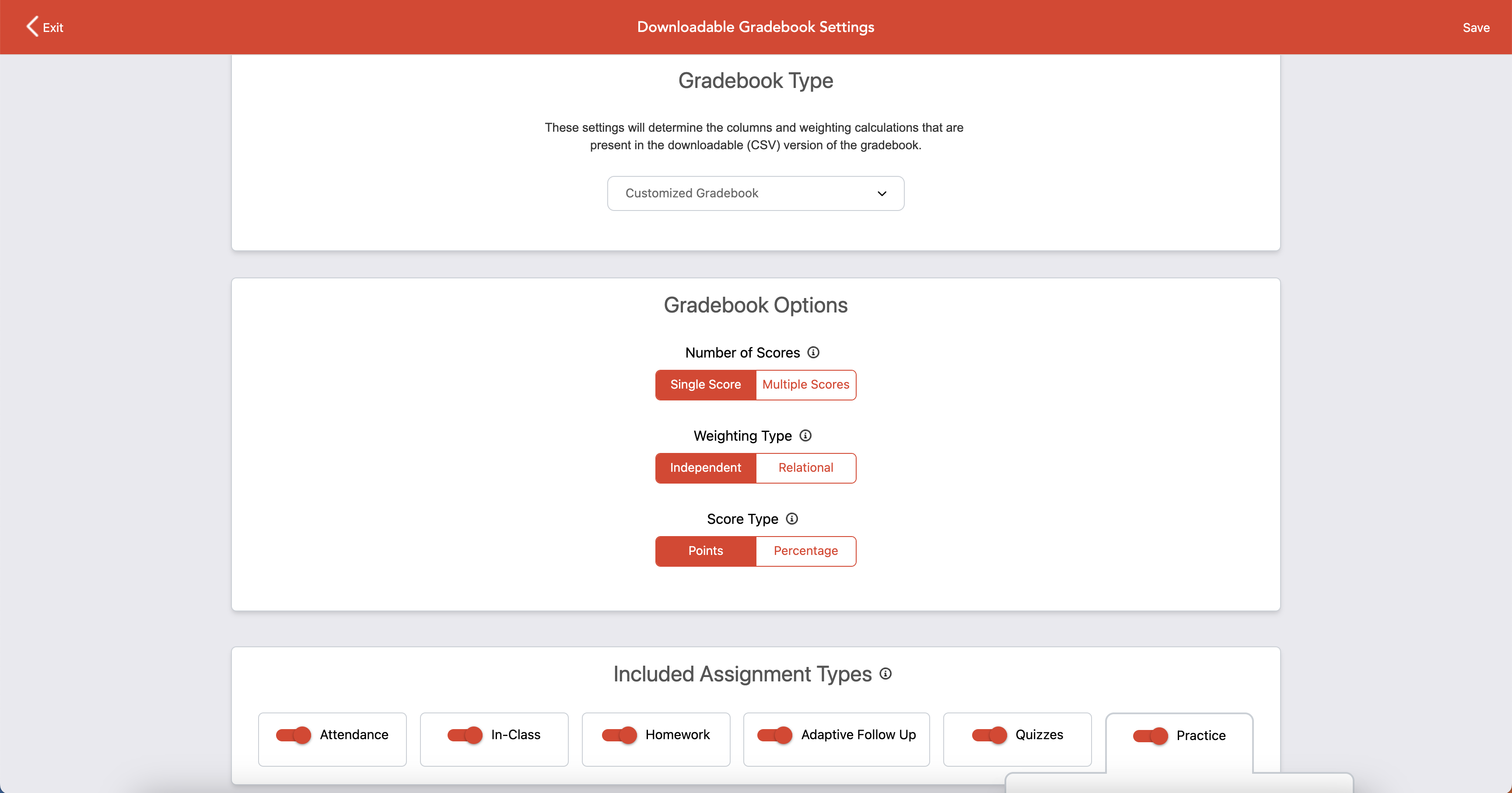 How to adjust custom downloadable gradebook settings